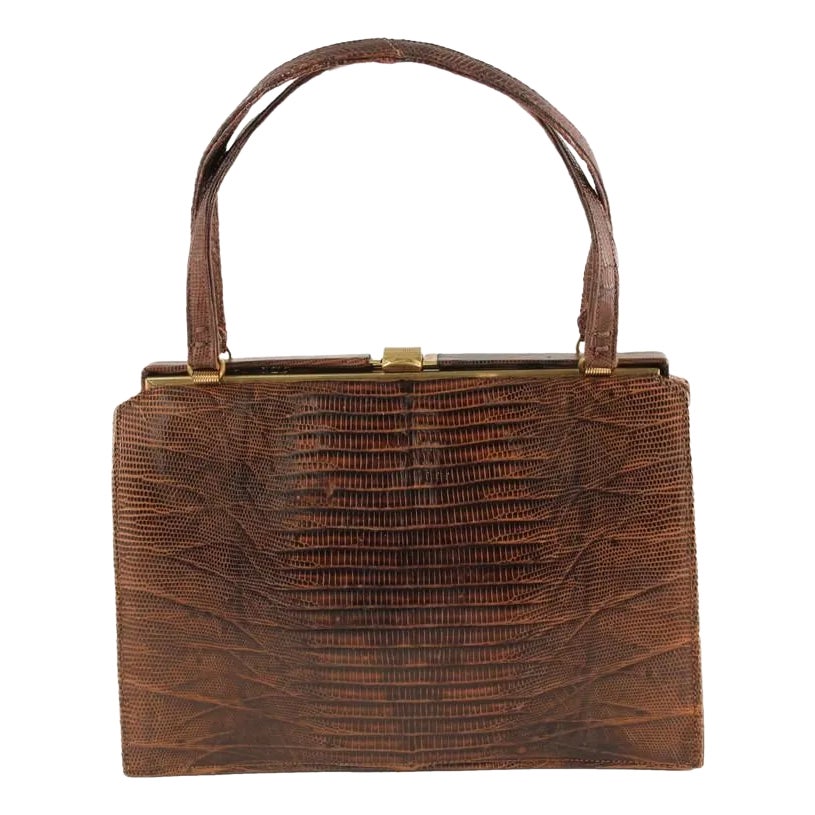 Vintage Brown Sterling Lizard Kelly Purse | Chairish