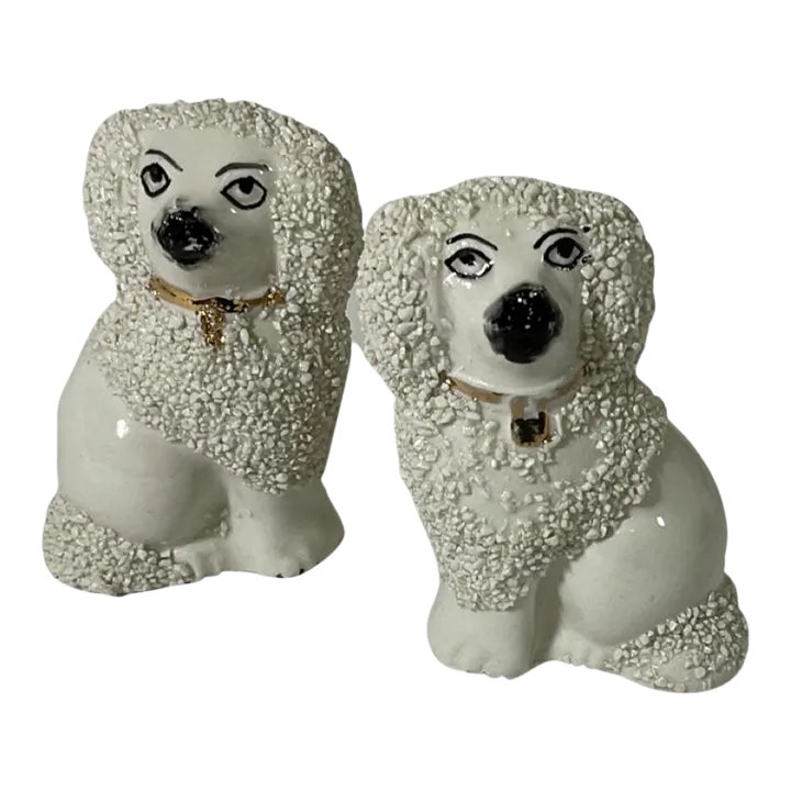 Early 20th Century Petite Pair of White Staffordshire Poodles | Chairish