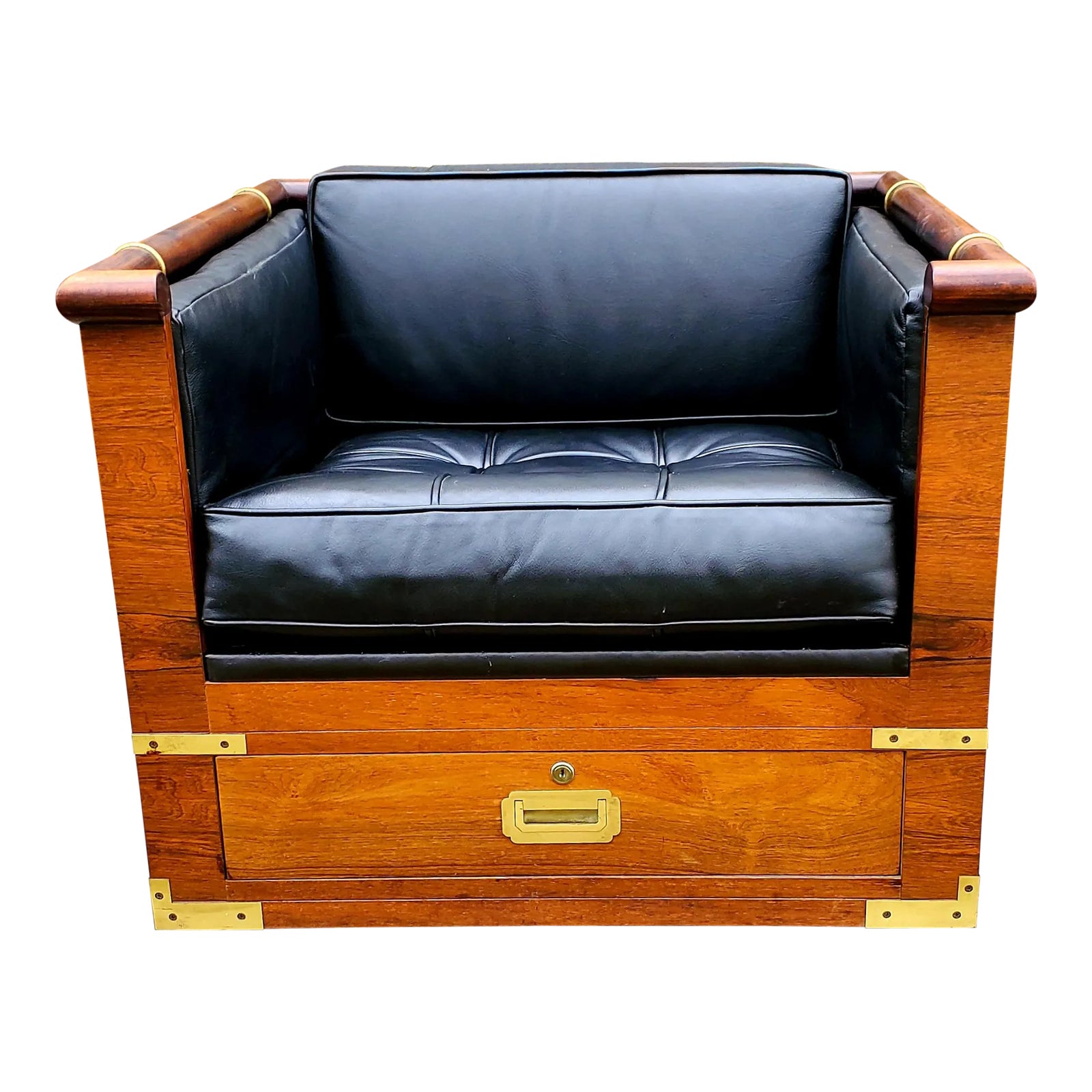 Marge Carson Campaign Rosewood and Tufted Leather Club Chair | Chairish