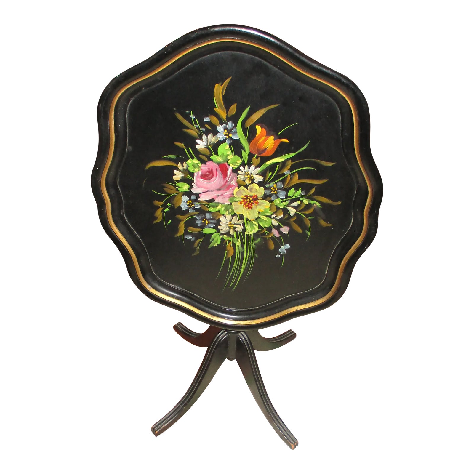 1920s Antique Hand Painted Wood Tilt Top Candle Stand Table | Chairish