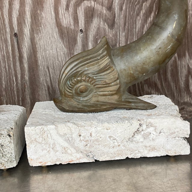 Vintage Coastal Bronze Koi Fish on Coquina Block Lamps - a Pair | Chairish