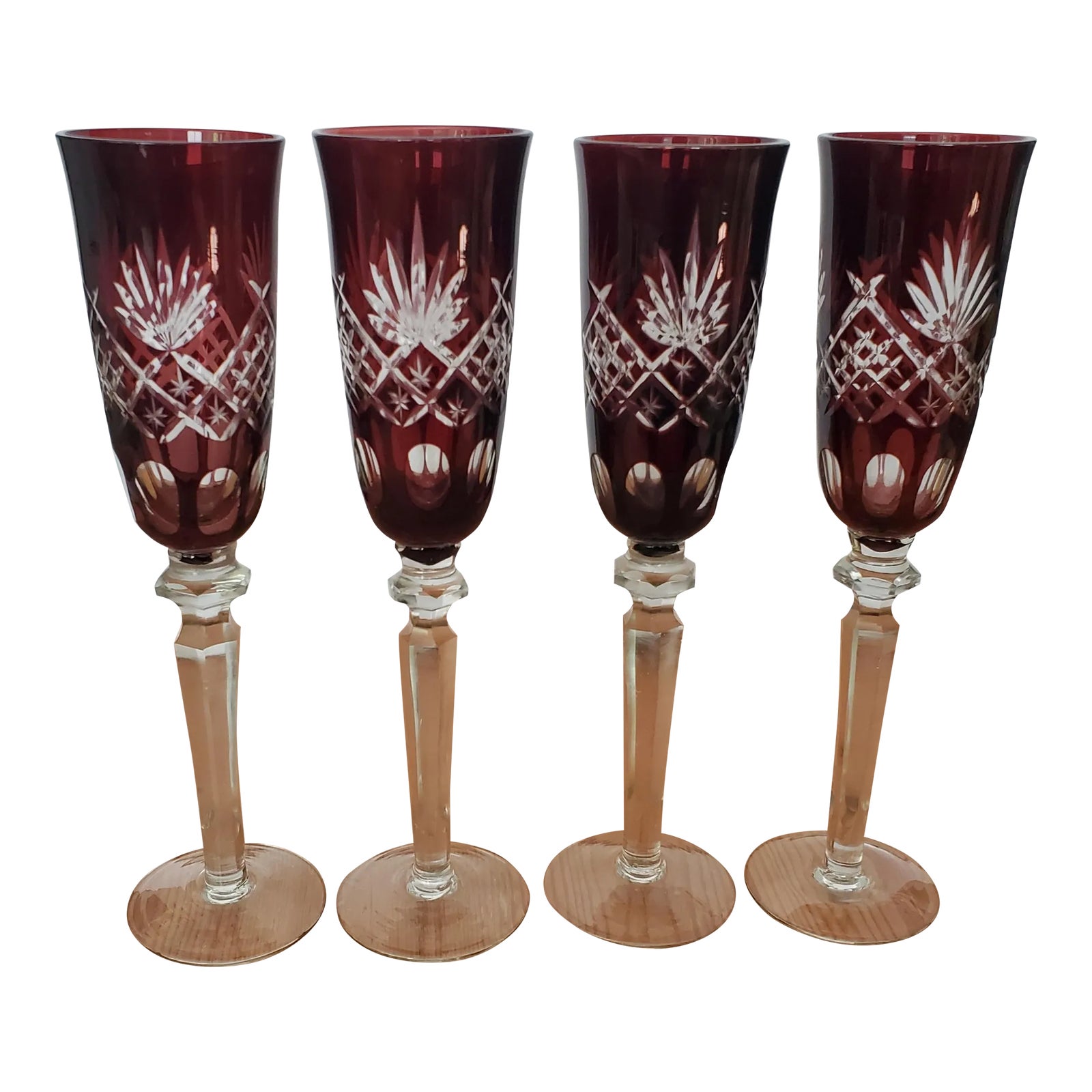 Mid 20th Century Ruby Cut to Clear Flutes- Set of 4 | Chairish