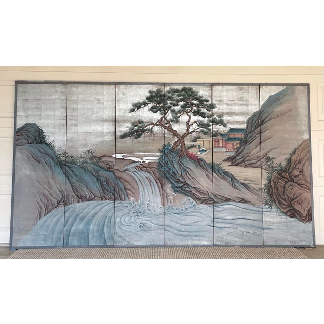 Six-Panel Polyptych Antique Asian “Waterfall” Landscape | Chairish