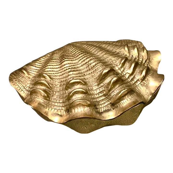 Vintage Large Brass Hinged Clamshell Shell Box / Object | Chairish
