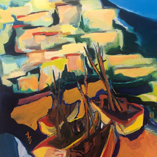 Fay Singer Original Oil Painting of Boats at a City Dock | Chairish