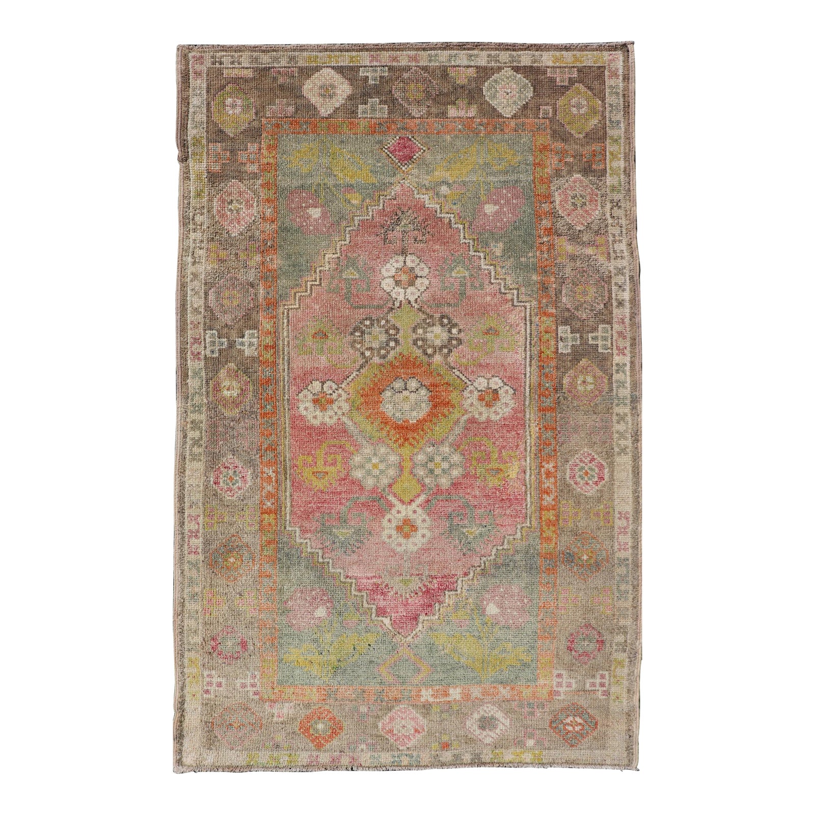 Turkish Oushak Rug With Pastel Pink, Green, and Yellow Floral ...