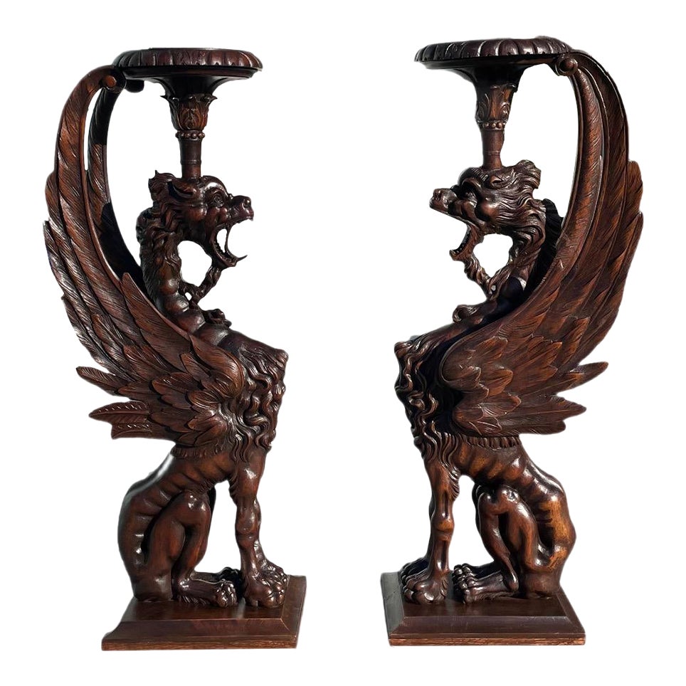 19th Century Rare Monumental Pair of Hand-Carved Griffin Pedestal ...
