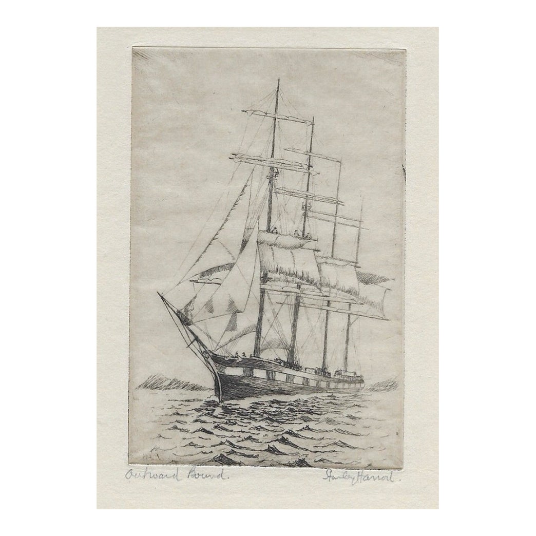 Antique Stanley Harrod Outward Bound Sailing Etching | Chairish