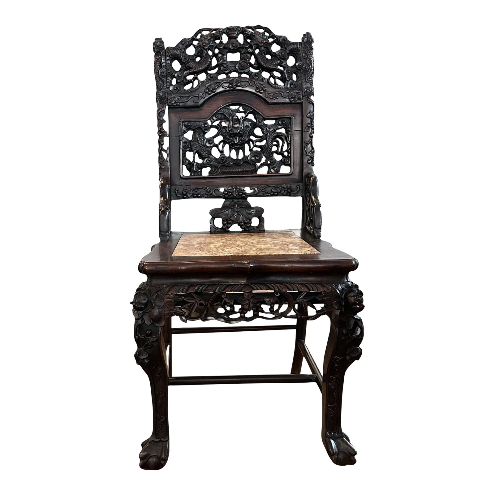 Qing Dynasty 19th Century Carved Chinese Rosewood Chair With Stone Seat ...