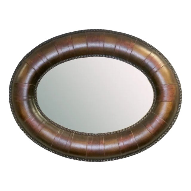 Vintage Wall Mirror in Leather Oval Studded Frame | Chairish