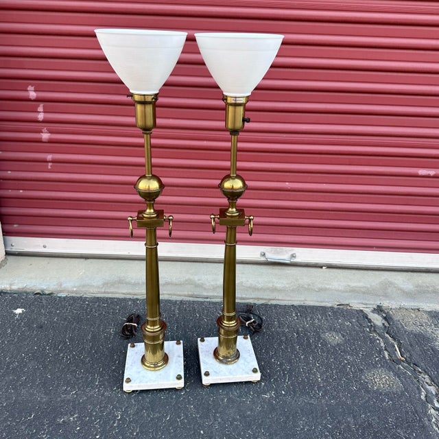 Vintage Pair of Stiffel Brass & Glass Torchiere Floor Lamps | Chairish