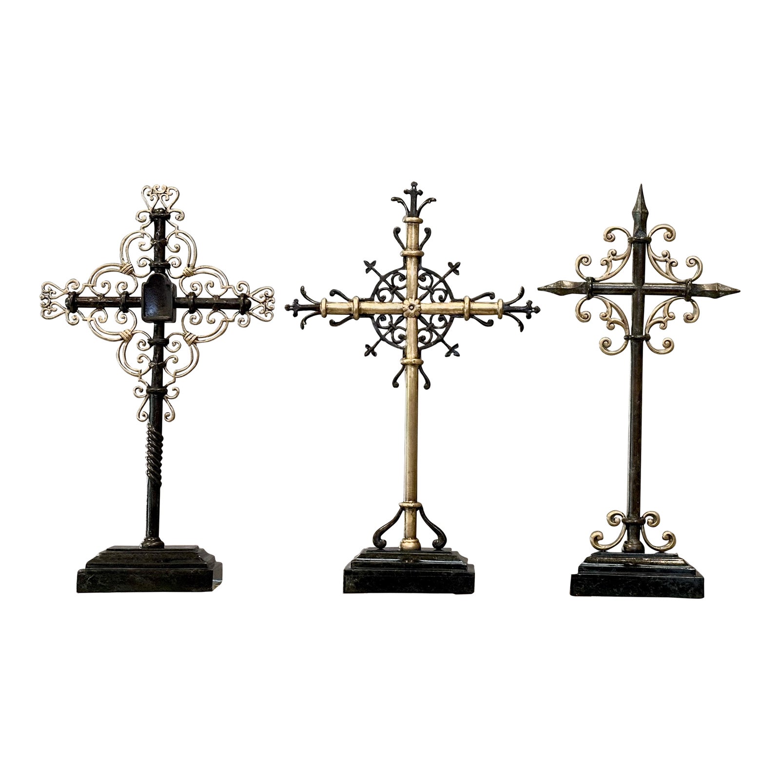 Maitland-Smith Metal & Stone Decorative Crosses- Set of 3 | Chairish