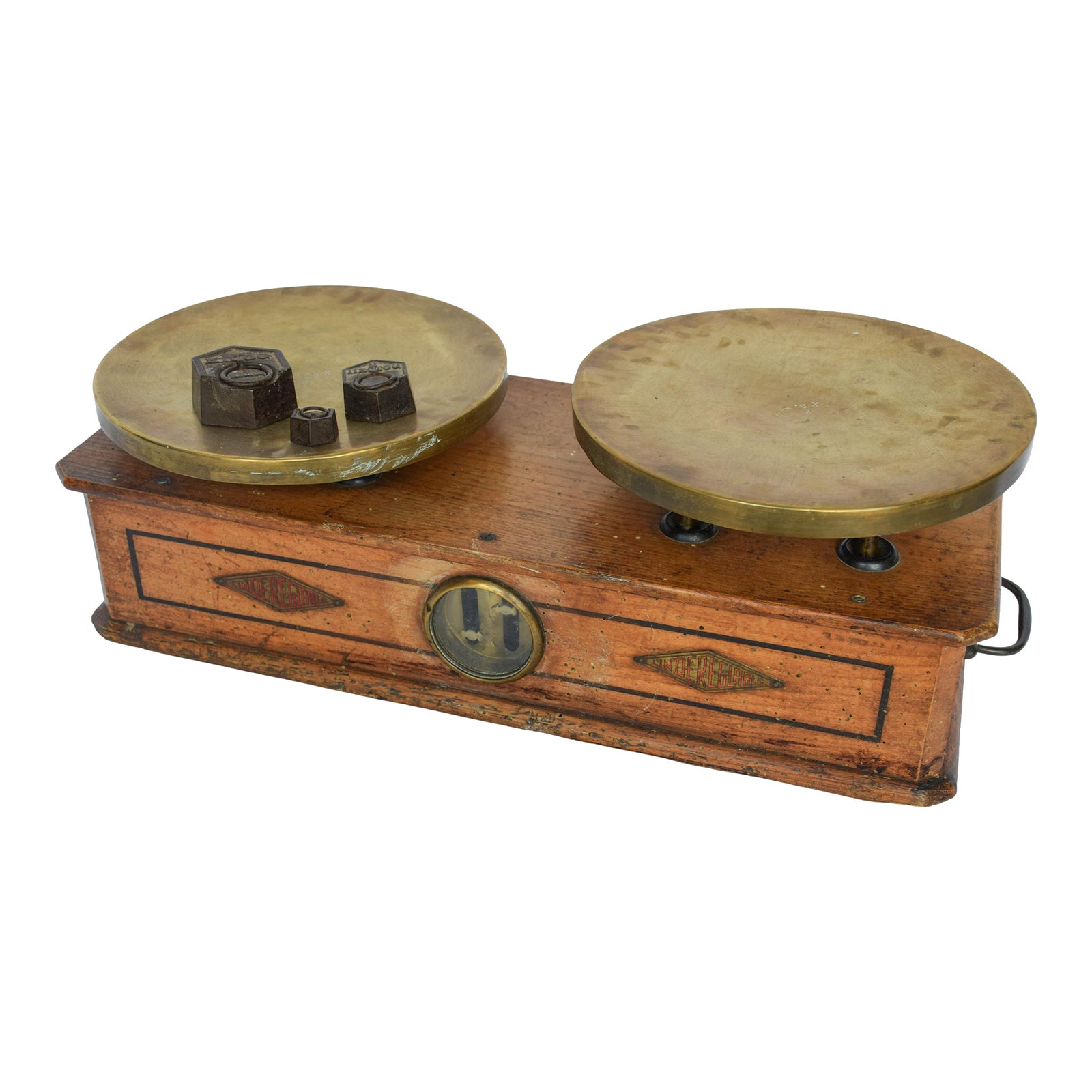 Antique Two-Plate Scale, Wood, Copper and Brass | Chairish