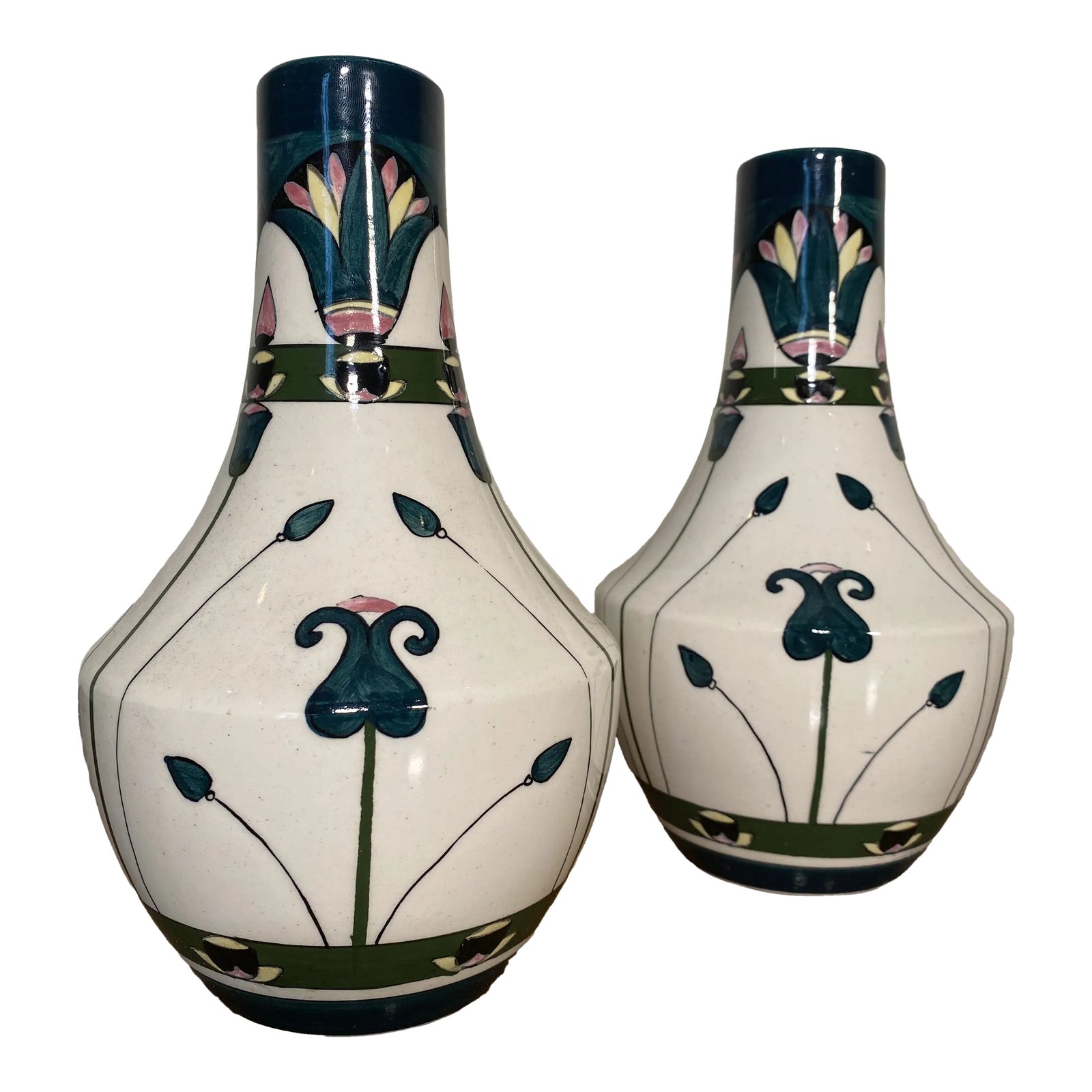 Pair of Hand Painted Dutch Folk Ceramic Vases C. 1920s | Chairish