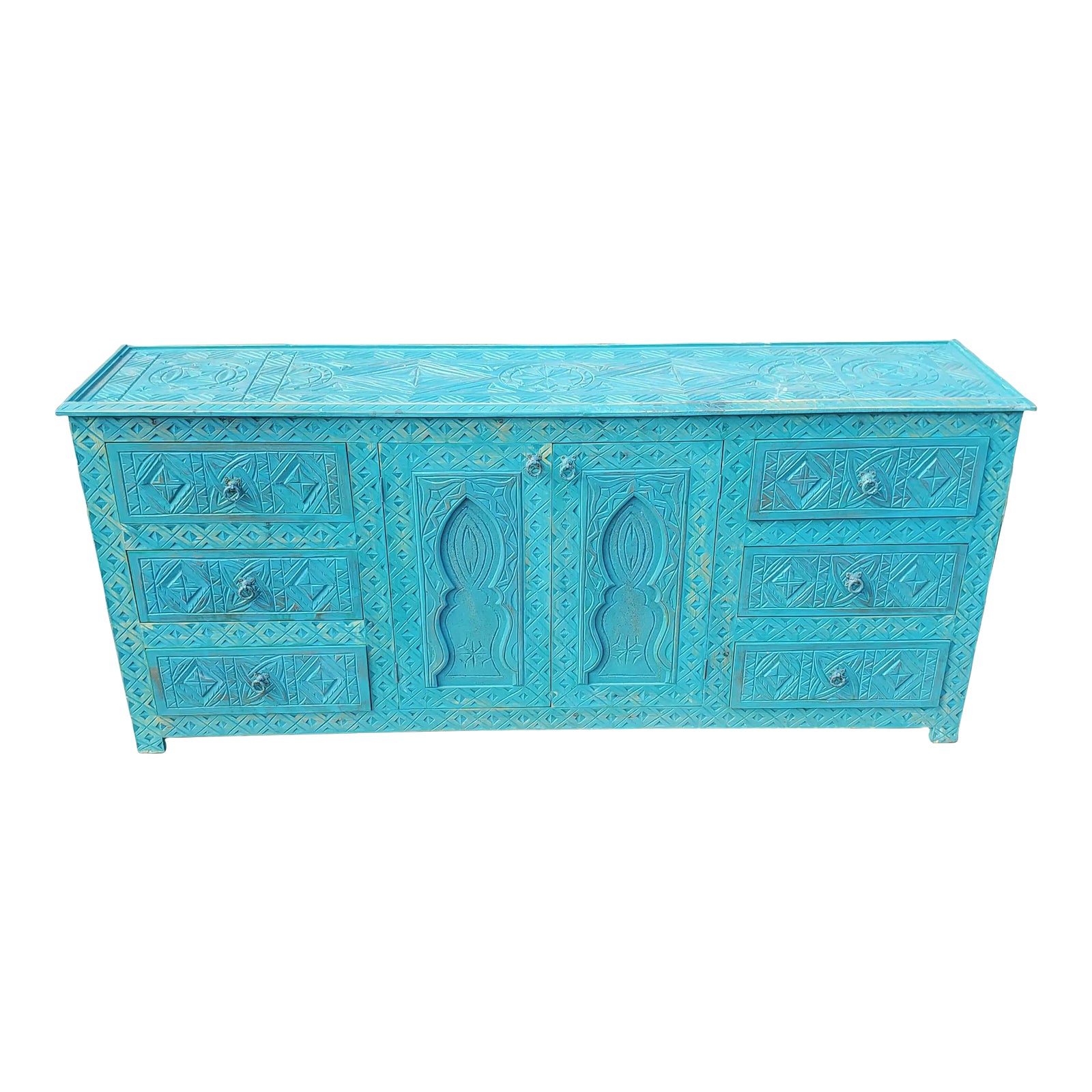 Turquoise Washed Moroccan Berber Style Wooden Sideboard | Chairish