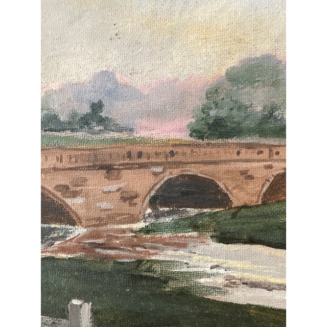 1990s Oil Painting - Landscape With Arched Stone Bridge and River by ...