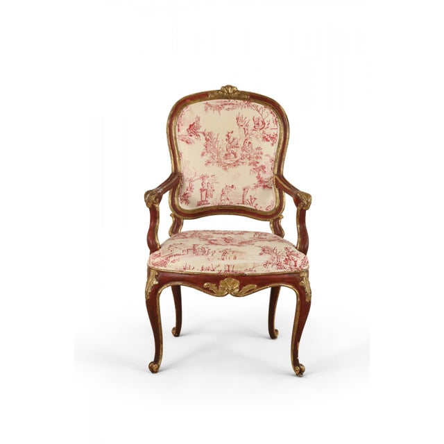 Italian Venetian Red Frame Toile Pattern Upholstered Armchairs | Chairish