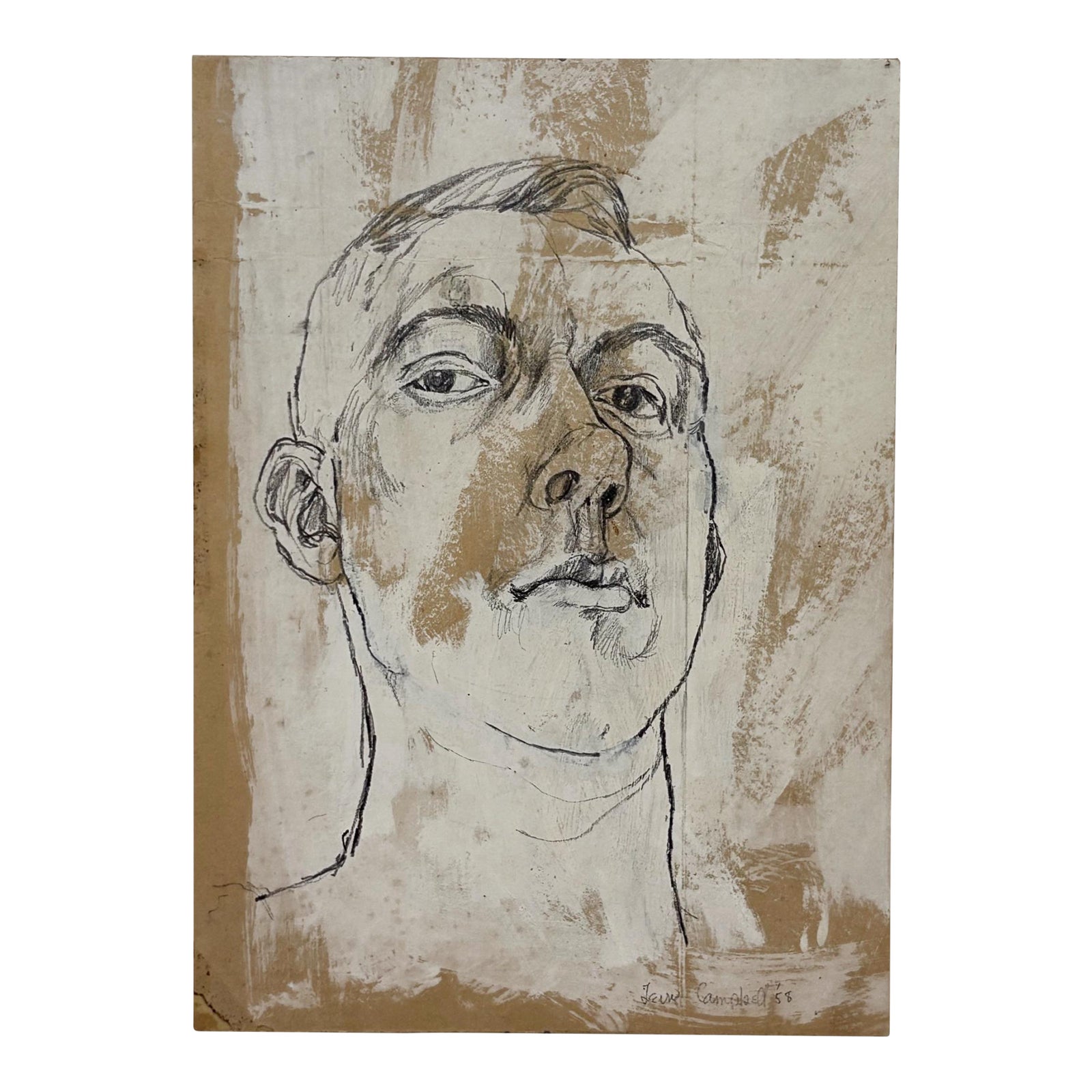 Mid-Century Modern Abstract Portrait Drawing – 1958 Signed ...