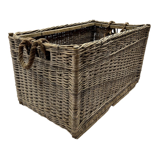 Mid 20th Century Vintage Belgian Woven Wicker Basket Crate With Rope ...
