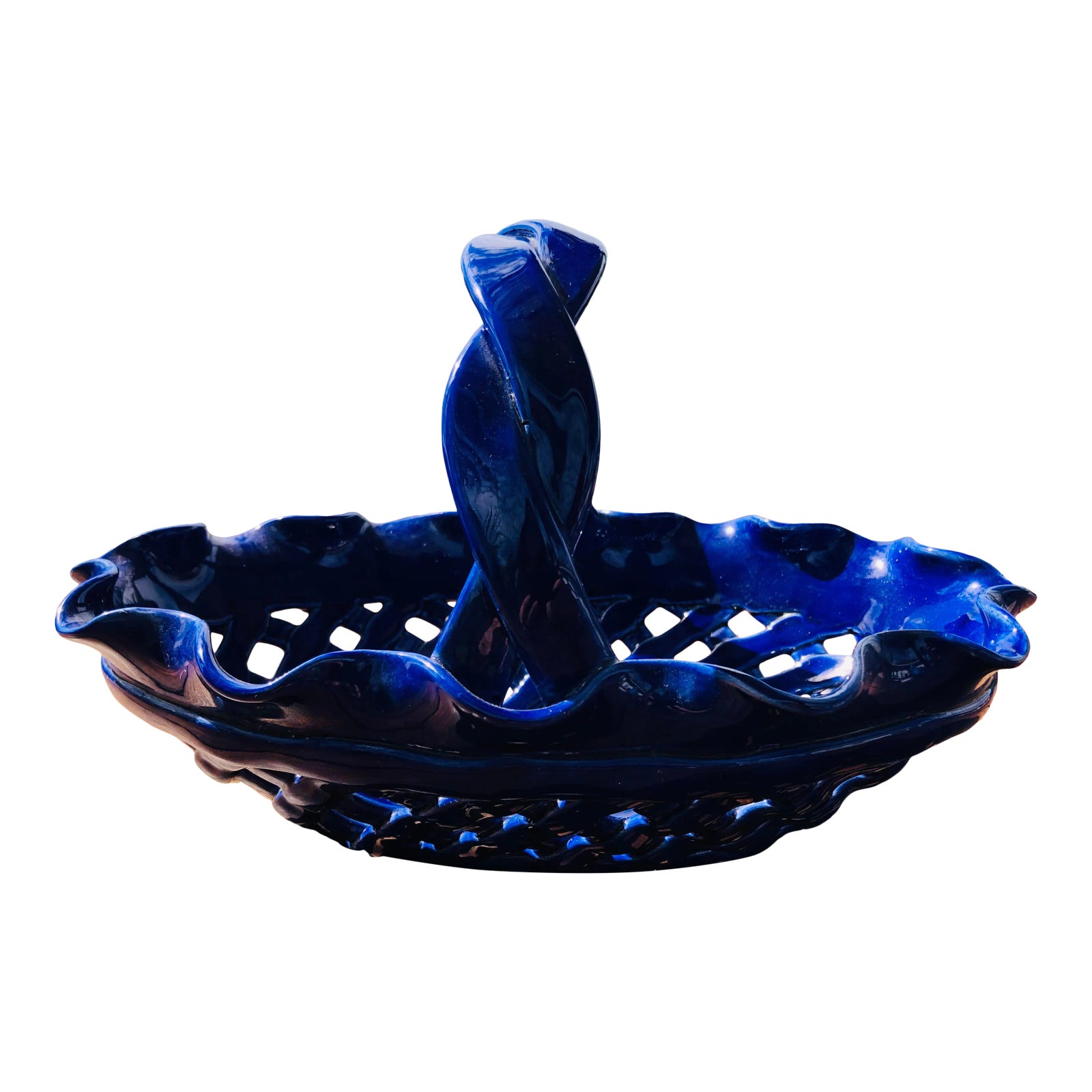Portuguese Glazed Woven Dark Blue Ceramic Basket | Chairish