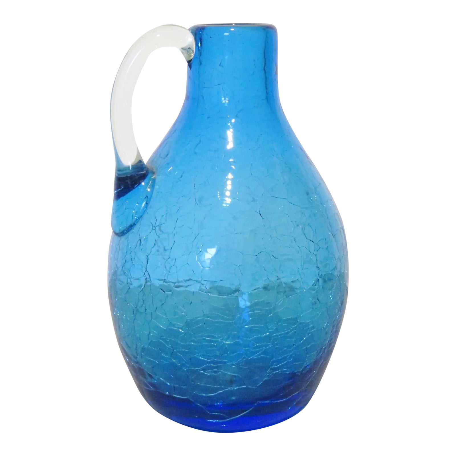 Mid 20th Century Blenko Blue Crackled Glass Pitcher | Chairish