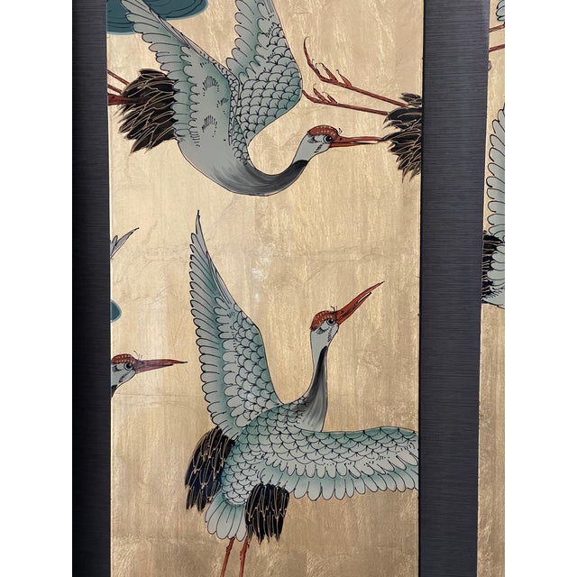 Boho Chic Japanese Gold Screen With Cranes - Set of 4 | Chairish