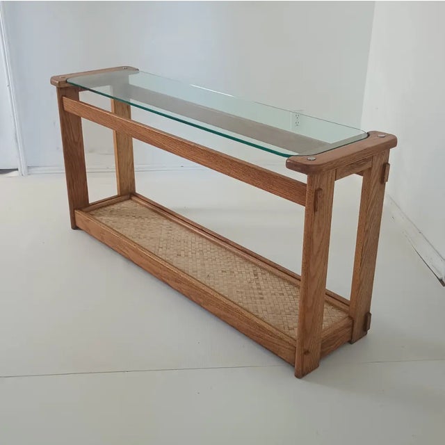 1970s Mid Century Oak and Glass Console Table | Chairish