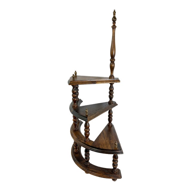 Antique Walnut Spiral Library Step Ladder With Brass Finials | Chairish