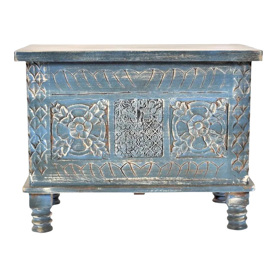 Distressed Blue Hand Carved Box Storage Trunk With Legs Nochi | Chairish