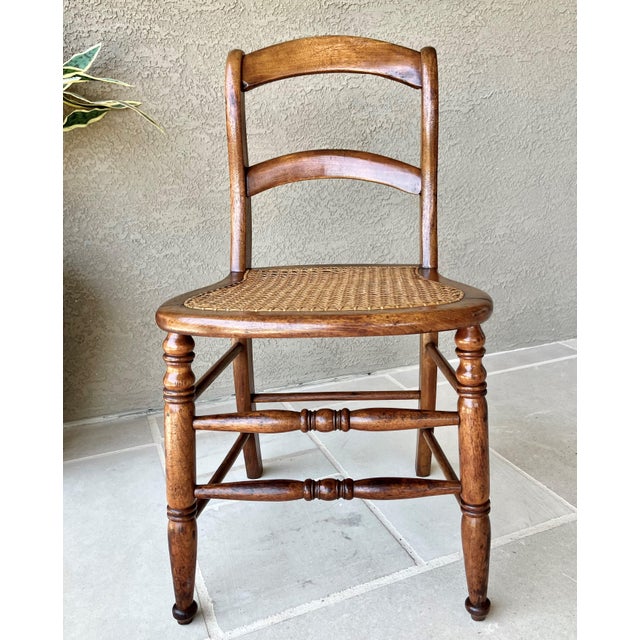 Circa 1920 Petite Solid Oak Wood & Cane Seat Curved Stile Double Rung ...