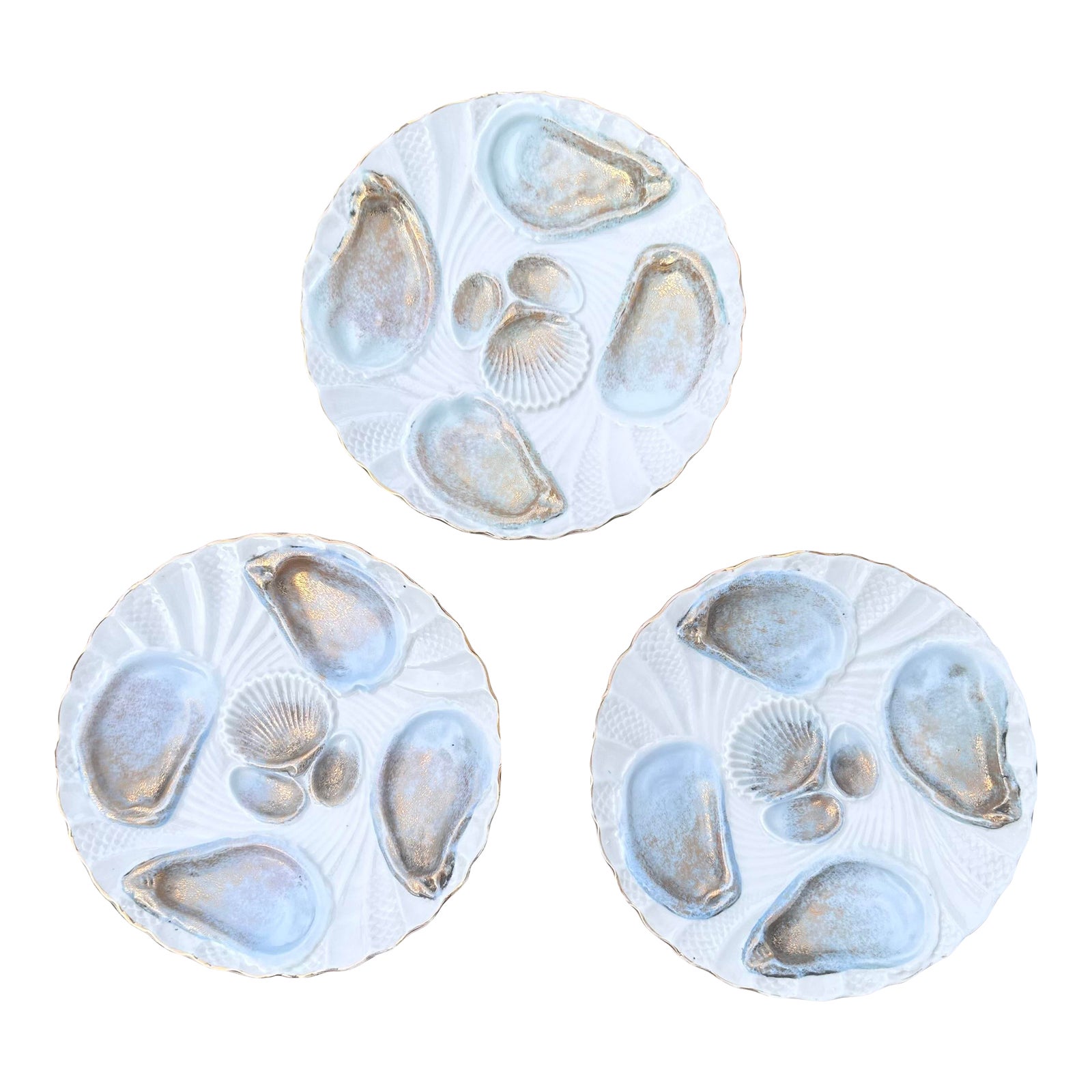 Set of 3 Antique Oyster Plates Royal Vienna Blue and Gold Hand-Painted ...
