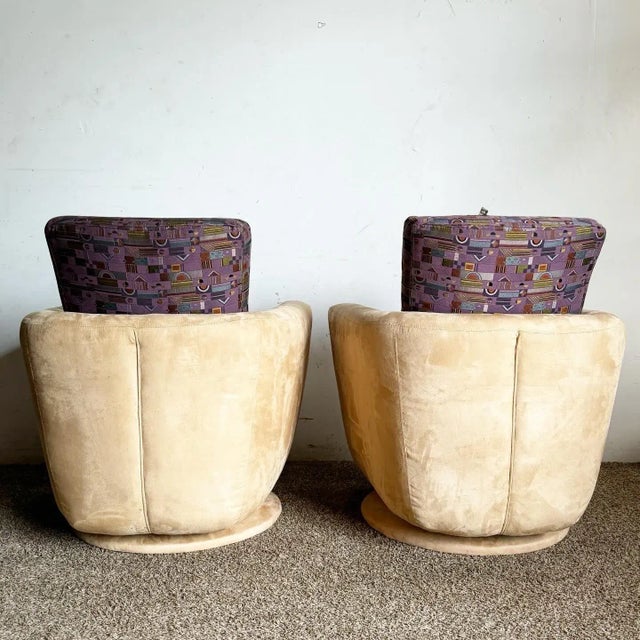 Postmodern Tan Micro Fiber and Purple Patterned Swivel Lounge Chairs ...