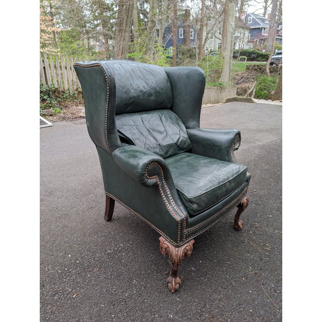 1960s Georgian Style Vintage Green Leather Wingback Chair | Chairish