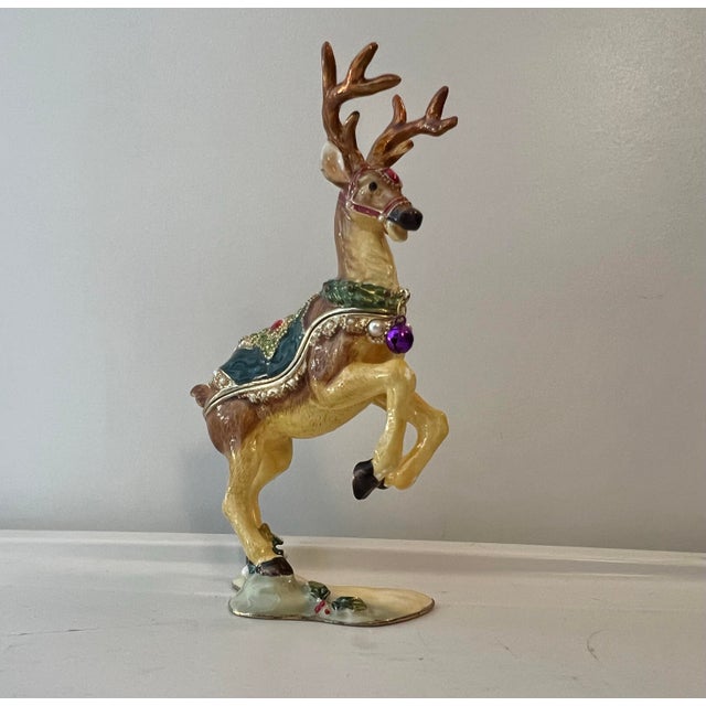 1990s Goldtone Enameled Reindeer Trinket Box With Bejeweled Crystals ...