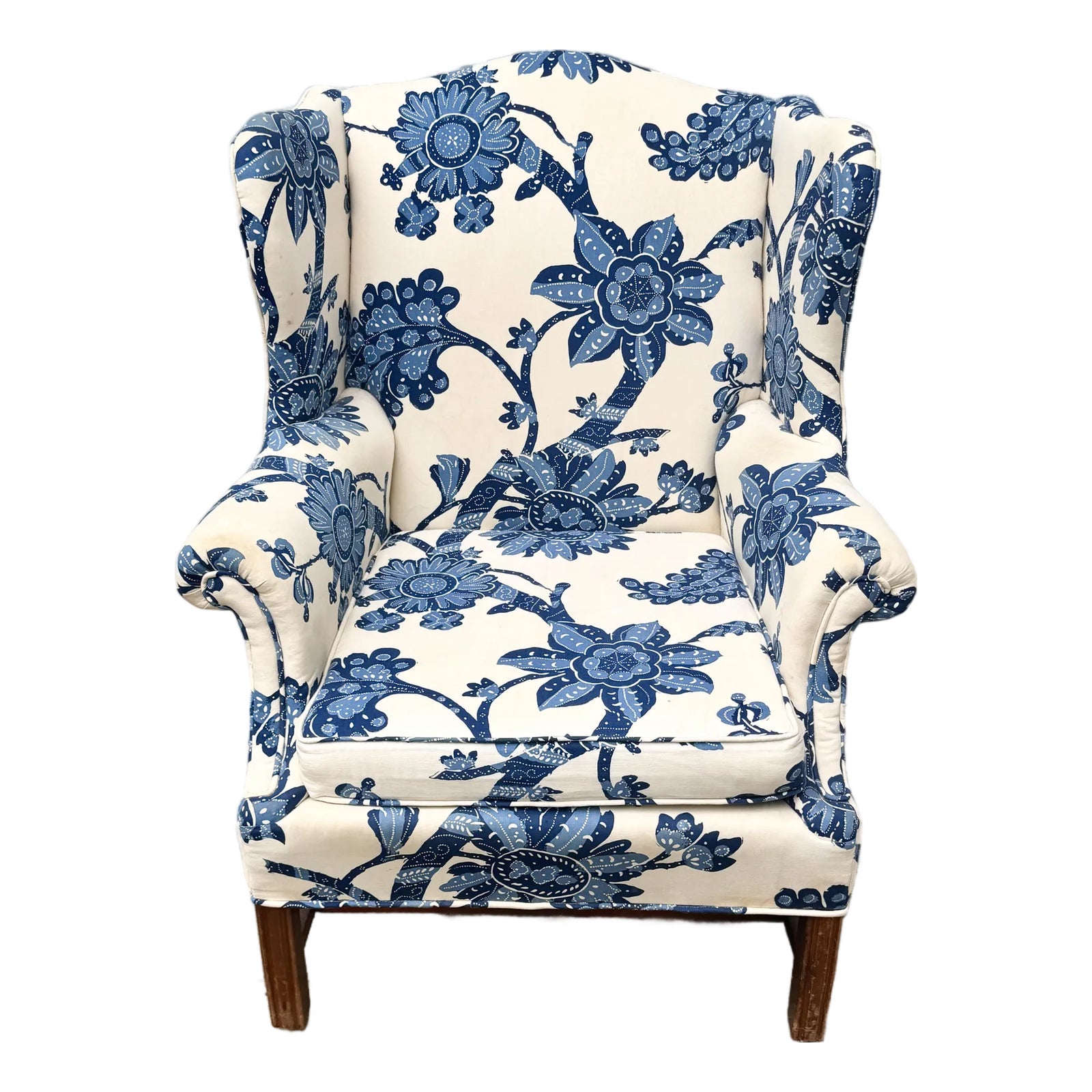 Vintage Batik Style Floral Print Wingback Chair | Chairish