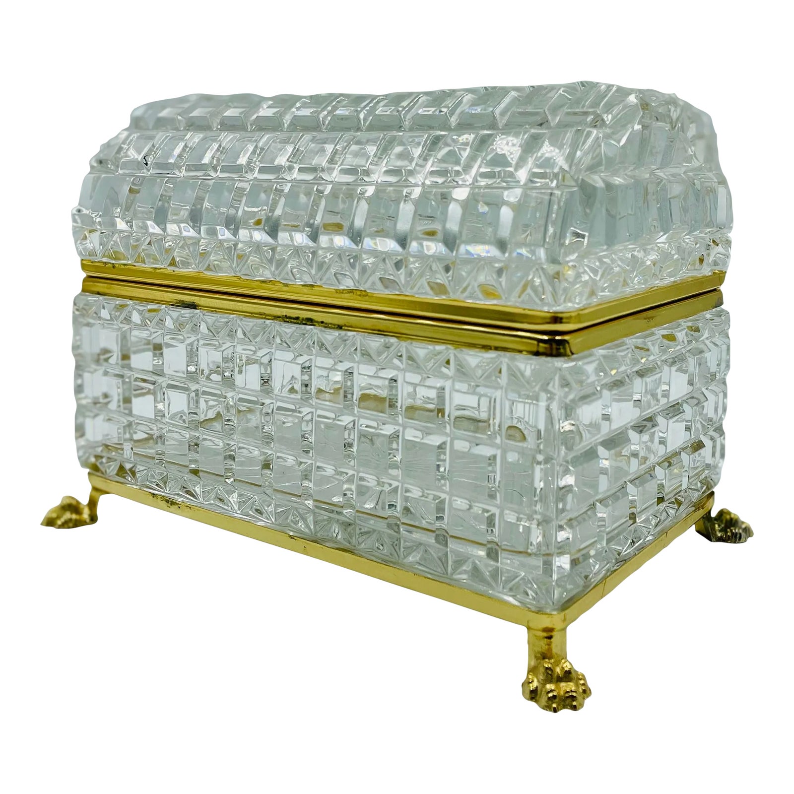Large Mid 20th Century Domed Crystal & Gold Plated Clawfoot Box | Chairish