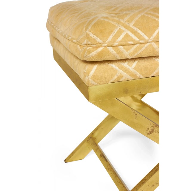 Mid-Century Brass and Lattice Patterned Tan Upholstered X-Benches - a ...