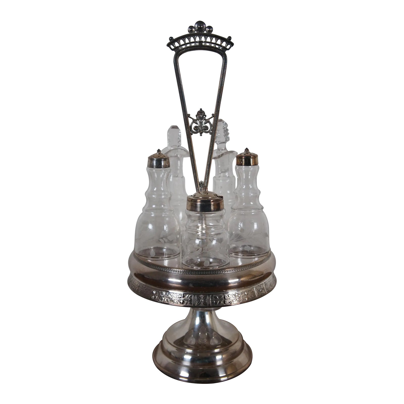 Antique Reed & Barton Silver Plate Etched Glass Cruet Condiment Caddy ...