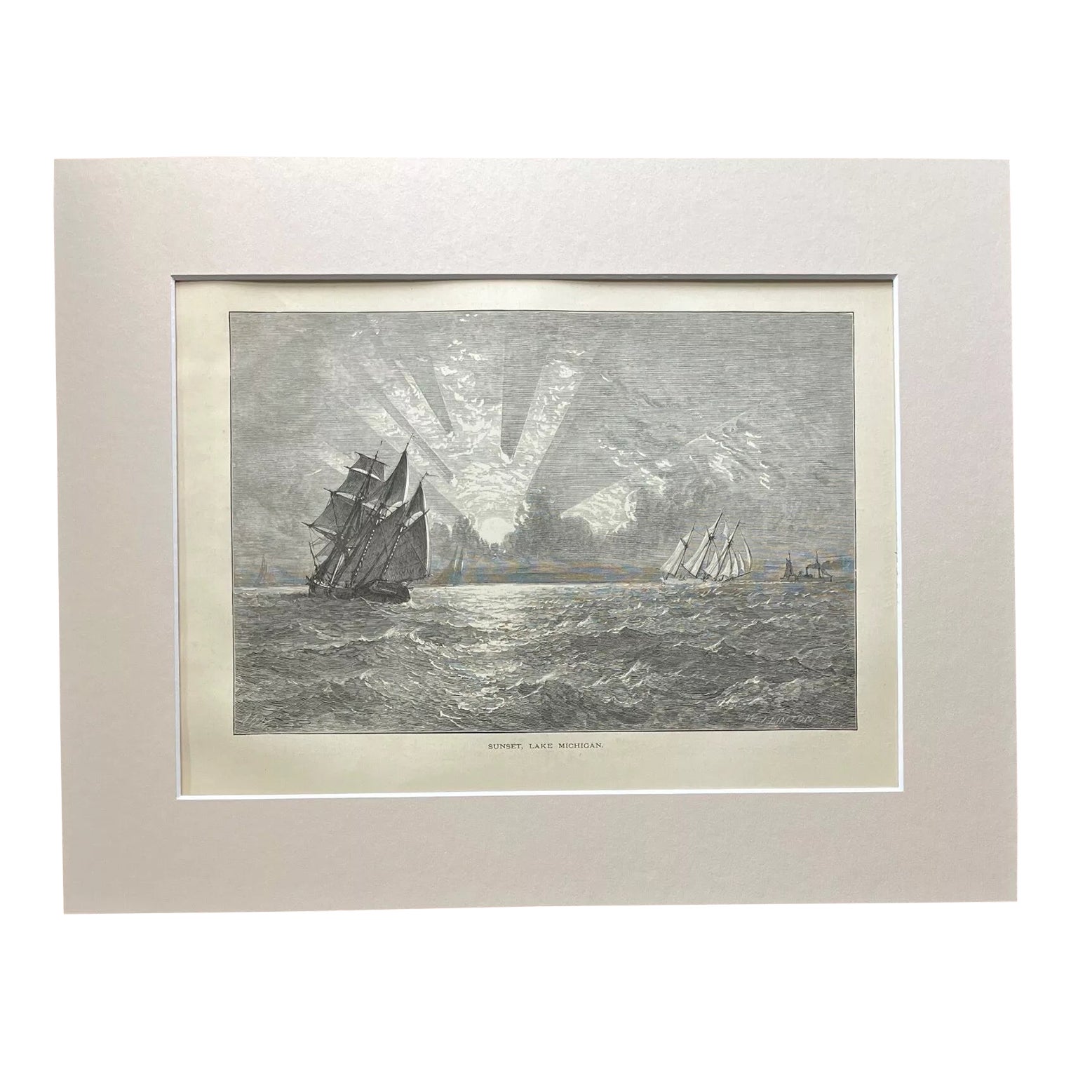 Antique 1874 Wood Engraving, "Sunset, Lake Michigan" IL in Frame-Ready ...