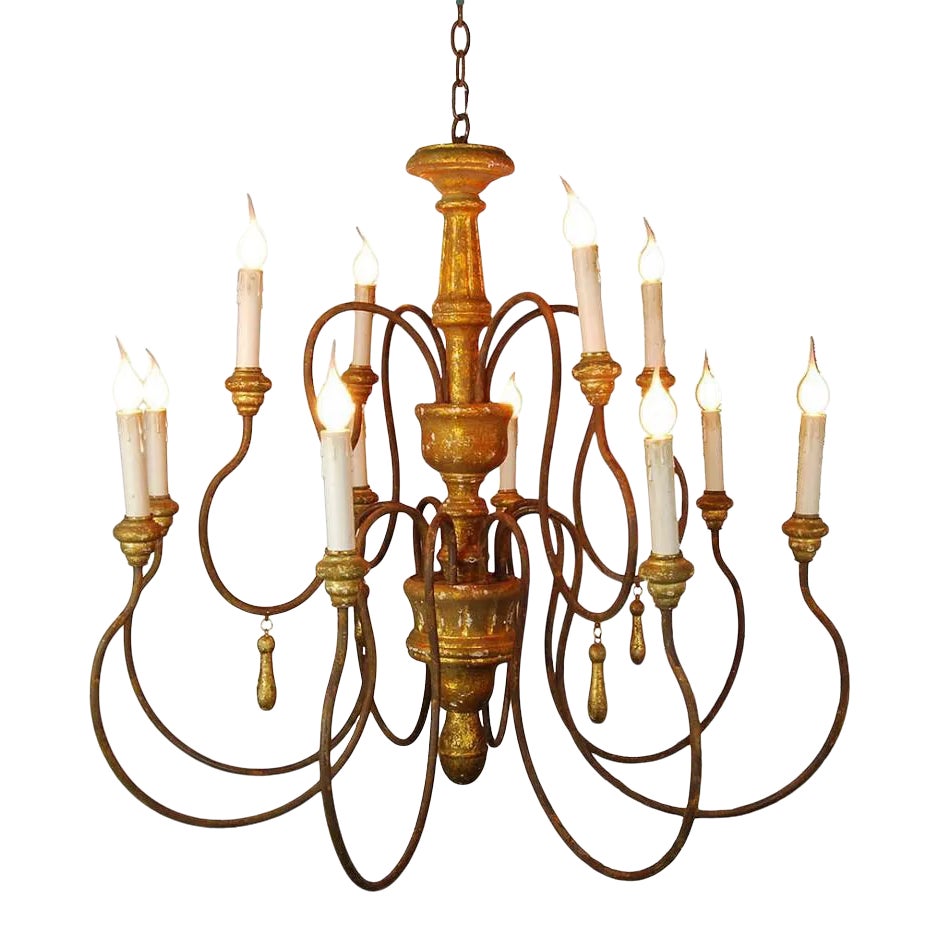Turned Distressed Painted Rustic Gold Chandelier | Chairish