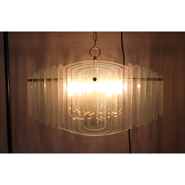 1990's Art Deco Brass and Glass Panel 8 Light Art Deco Chandelier by ...