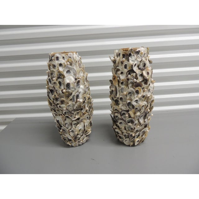 Vintage Tall Round Encrusted Oyster Shells Vases With Faux Pearls ...