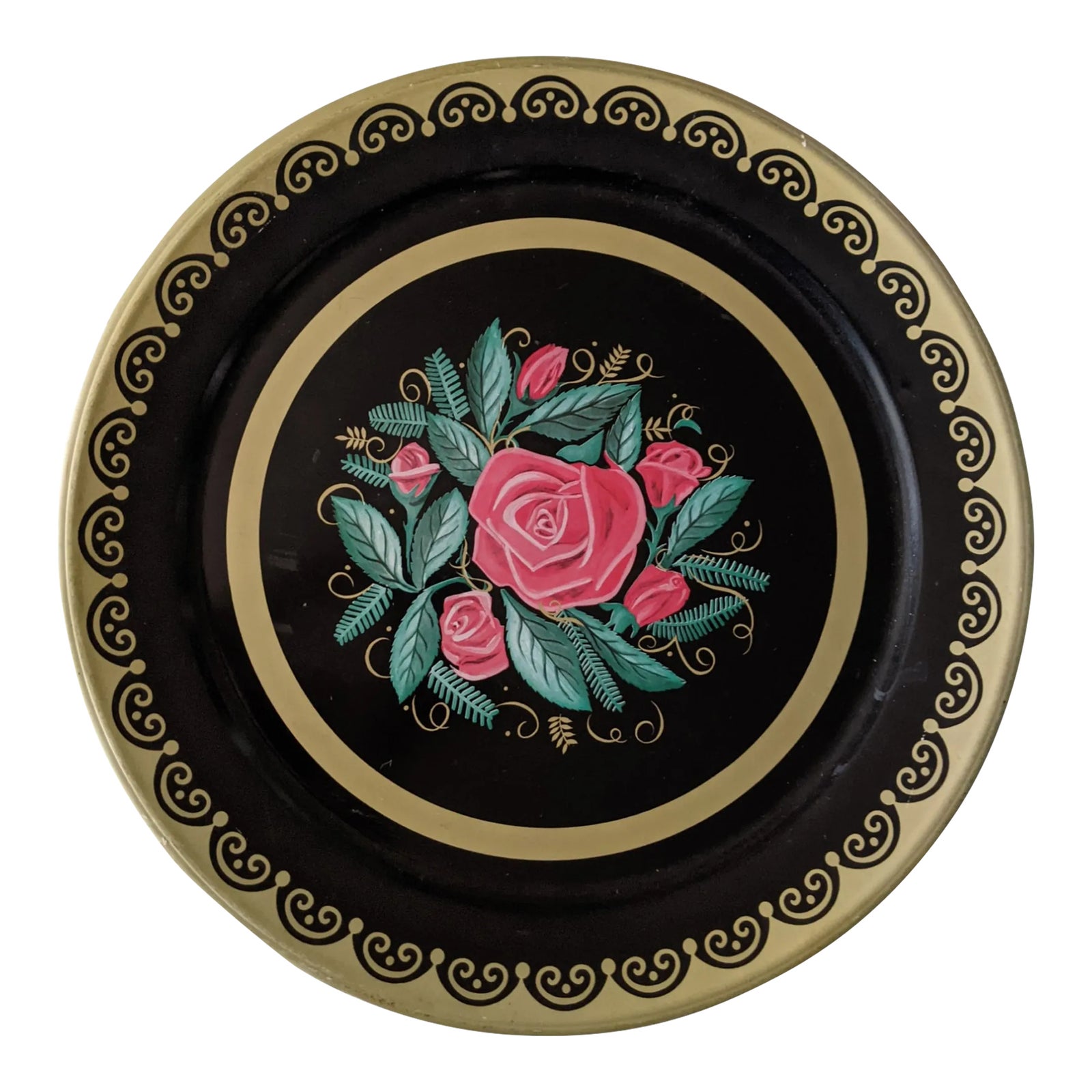 Vintage Handpainted Tole Metal Cabbage Rose Floral Round Tray | Chairish
