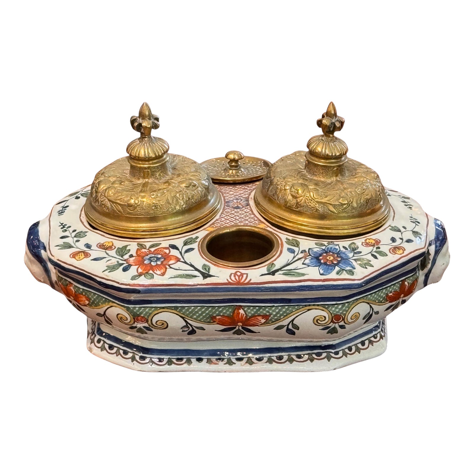 Early 19th Century Painted Faience Inkwell With Brass Lids | Chairish