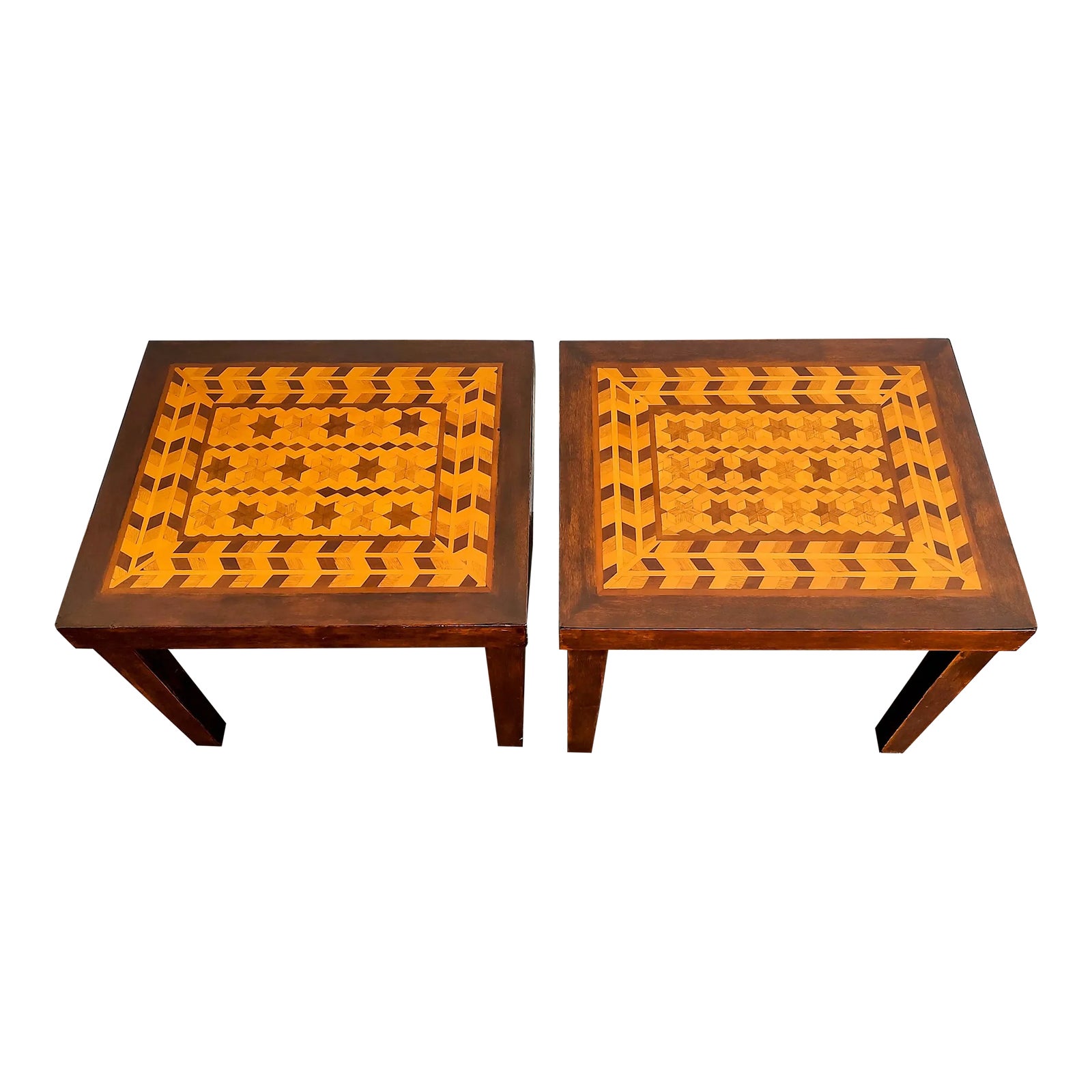 Pair of 2 of 1940s Arts and Crafts Marquetry Side Tables | Chairish
