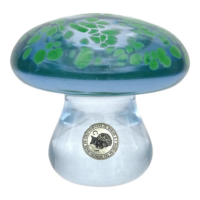 Murano Vintage Mushroom Toadstool Paperweight Bue Green Spots Glowing ...