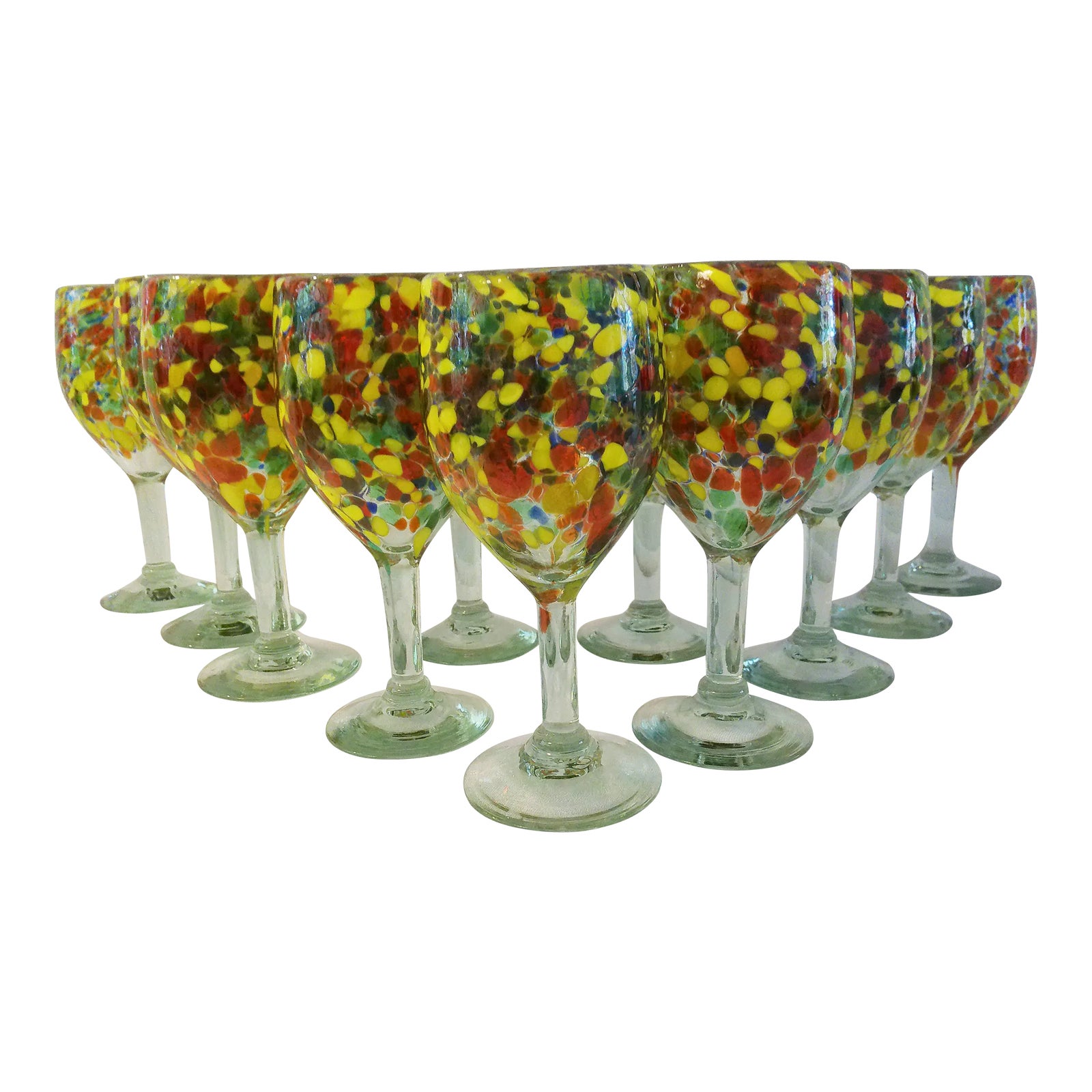 Vintage Mexican Hand Blown Confetti Glass Goblets, Set of 11 | Chairish
