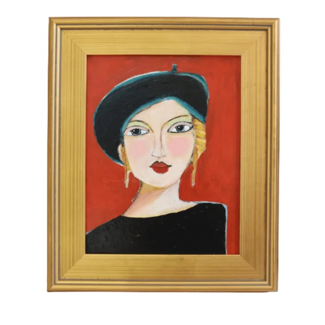 French Mademoiselle Black & Teal Beret Oil Painting Portrait W ...