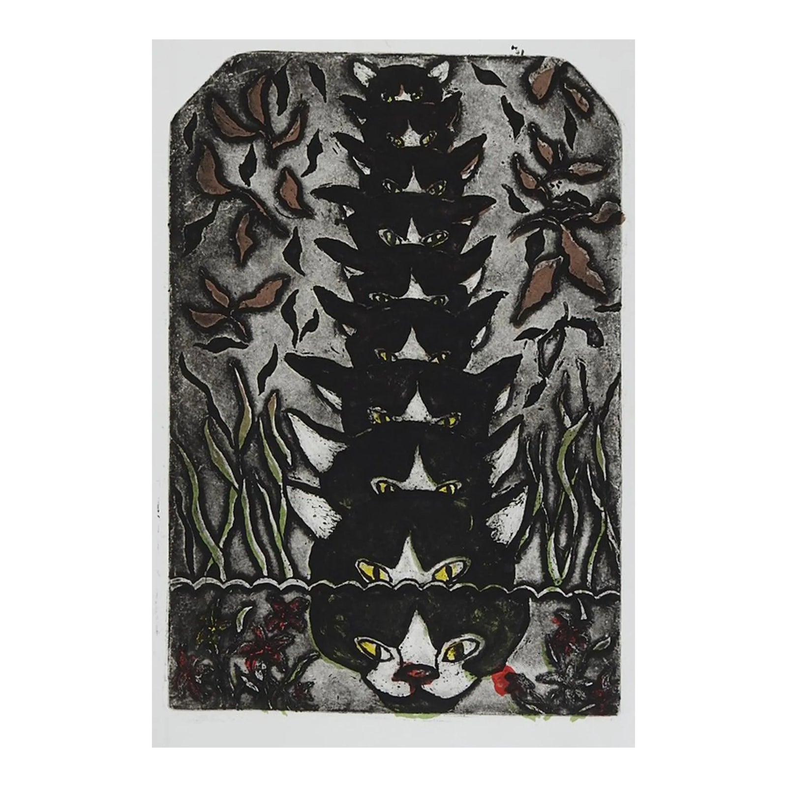 Contemporary Cat Reflections Colored Etching | Chairish
