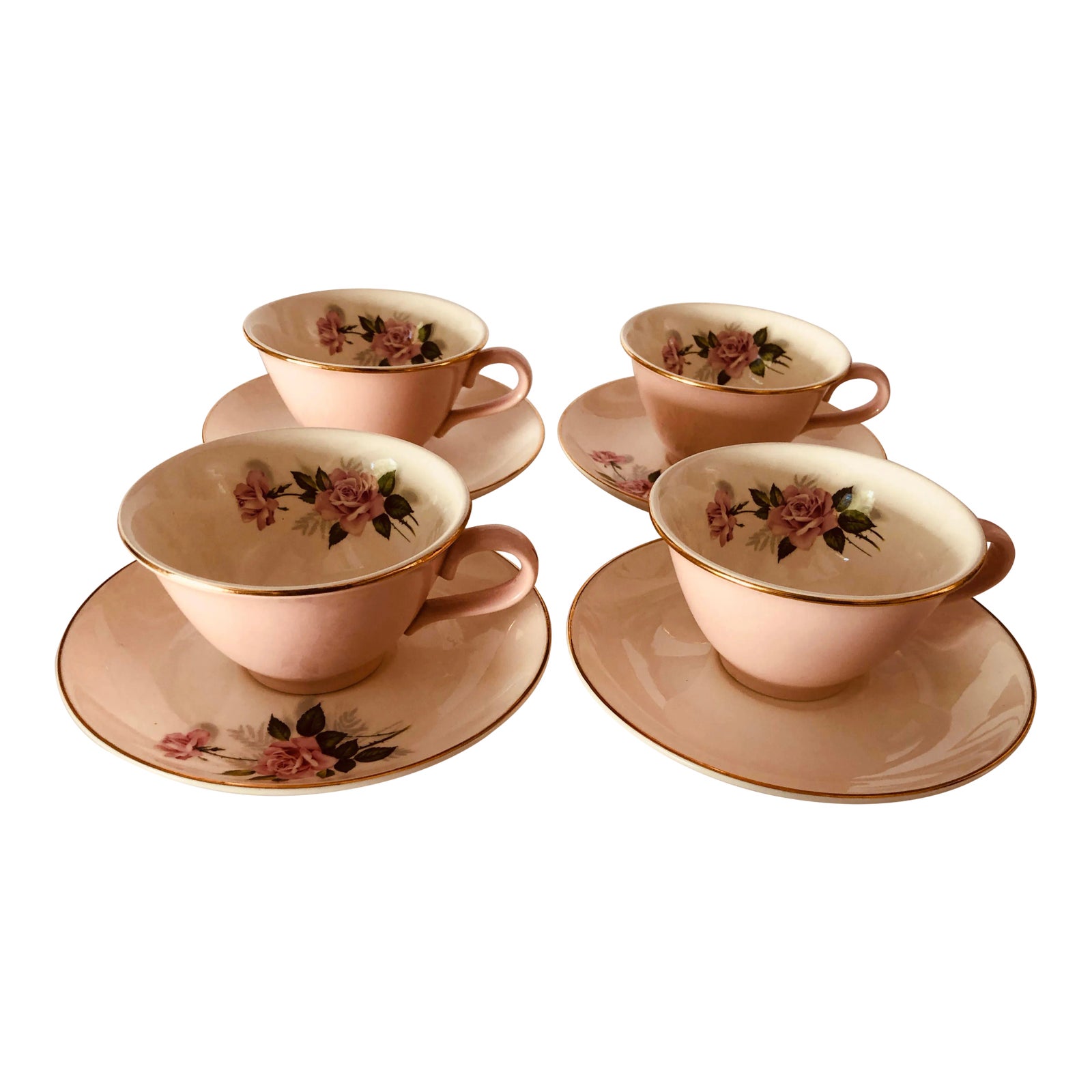 Vintage Mid-Century Pink Rose Pattern Service for 4 Teacups & Saucers ...